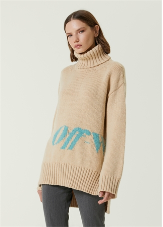 Off-White Kadın Bej Balıkçı Yaka Logo Jakarlı Yün Kazak 42 IT