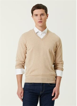 Brunello Cucinelli Erkek Bej V Yaka Kaşmir Kazak 54 IT