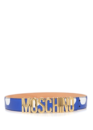 Moschino Kadın Mavi Beyaz Puantiyeli Logolu Deri Kemer 38 IT Moschino Kadın Mavi Beyaz Puantiyeli Logolu Deri Kemer 38 IT