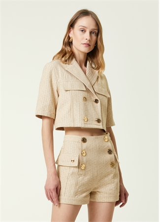 Balmain Kadın Bej Logo Motifli Crop Ceket 36 FR Balmain Kadın Bej Logo Motifli Crop Ceket 36 FR