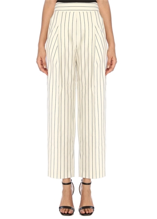 Oscar De la Renta Kadın Beyaz Yüksek Bel Çizgi Desenli Pilili Yün Pantolon Siyah 2 US