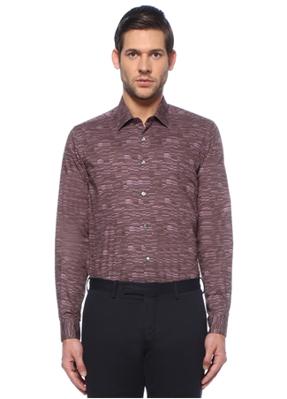 Pal Zileri Erkek Kahverengi İngiliz Yaka Desenli Gömlek 42 IT
