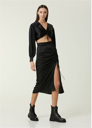 Allsaints Kadın Carla Siyah Büzgülü Asimetrik Midi Etek 8 UK