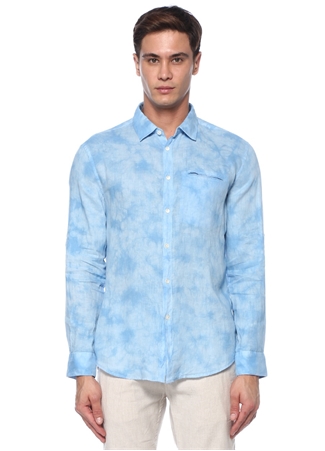 John Varvatos Erkek Slim Fit Mavi İngiliz Yaka Keten Gömlek S EU