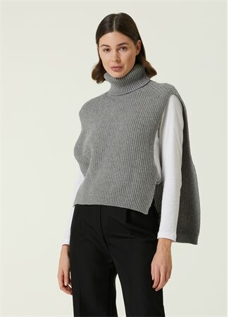 Dries Van Noten Kadın Gri Balıkçı Yaka Yırtmaçlı Kolsuz Kazak EU