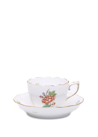 Herend Turuncu Çiçek Motifli Porselen Kahve Fincan Takımı Çok Renkli