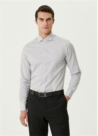 Pal Zileri Erkek Kahverengi Beyaz Çizgi Desenli Gömlek Bej 38 IT