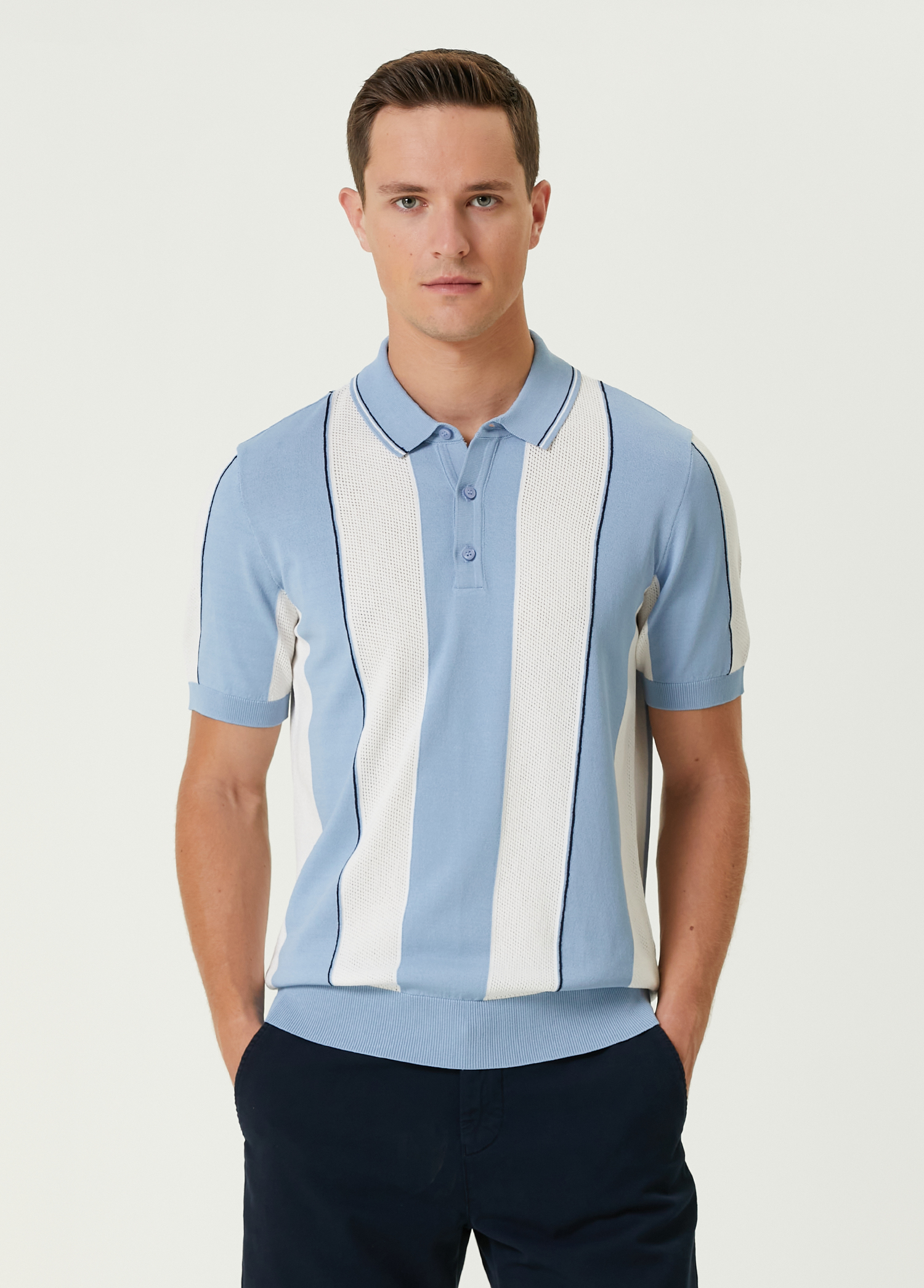 Beymen Club - Blue Openwork Short Sleeve Polo Sweater - Blue