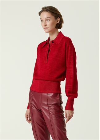 Isabel Marant Kadın Heron Kırmızı Polo Yaka Yün Kazak 36 FR