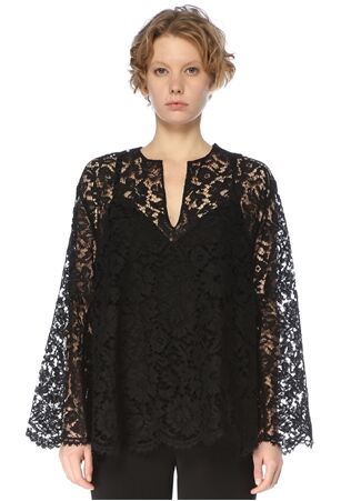 Valentino Kadın Siyah V Yaka Uzun Kol Dantel Bluz 44 IT
