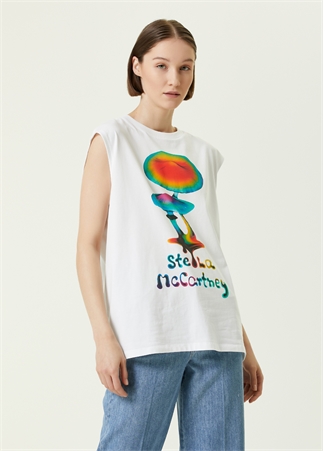 Stella McCartney Kadın Beyaz Baskılı T-shirt Bej 42 IT Stella McCartney Kadın Beyaz Baskılı T-shirt Bej 42 IT