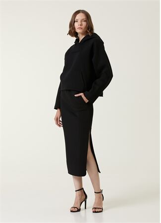 Academia Kadın Siyah Yırtmaçlı Midi Jersey Etek S