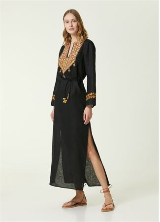 Tory Burch Kadın Siyah Etnik Desenli Keten Kaftan S EU