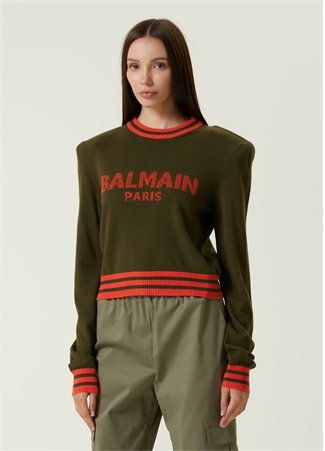 Balmain Kadın Haki Logolu Şeritli Yün Kazak 36 FR