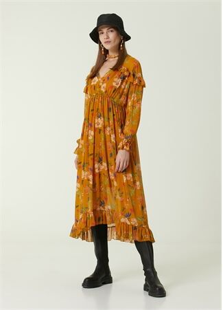Beymen Club Kadın Sarı V Yaka Çiçekli Midi Şifon Bohem Elbise 36