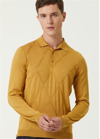 Pal Zileri Erkek Sarı Polo Yaka Geometrik Desenli İpek Sweatshirt 50 IT
