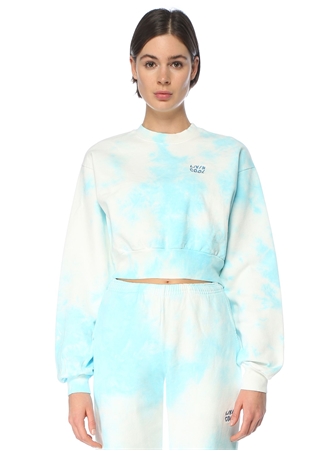 Livincool Kadın Mavi Bisiklet Yaka Batik Desenli Crop Sweatshirt XS EU