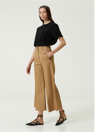 Valentino Kadın Bej Yüksek Bel Bol Paça Cropped Pantolon 38 IT