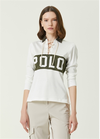 Polo Ralph Lauren Kadın Haki Beyaz Yaka Bağcıklı Sweatshirt S EU