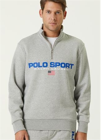 Polo Ralph Lauren Erkek Gri Dik Yaka Logolu Sweatshirt S EU