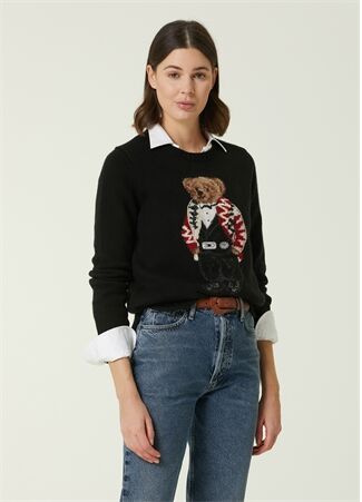 Polo Ralph Lauren Kadın Bear Siyah Bisiklet Yaka Yün Kazak S EU