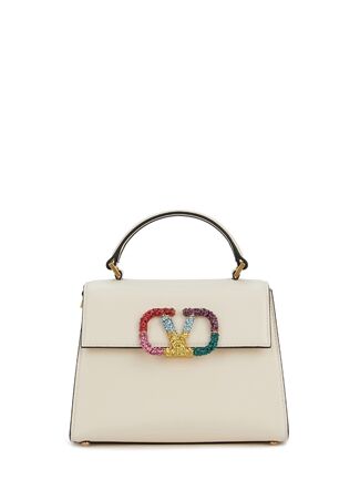 Valentino Garavani Kadın Beyaz Logolu Deri Omuz Çantası EU