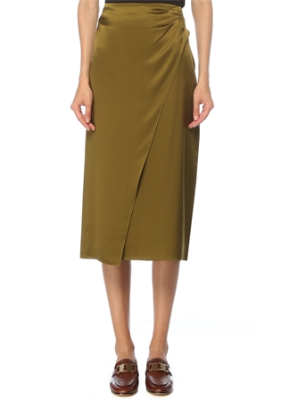 Vince Kadın Yeşil Drape Detaylı Midi İpek Etek Haki 6 US