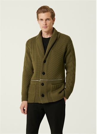 Alexander McQueen Erkek Haki Şal Yaka Saç Örgü Dokulu Yün Triko M EU