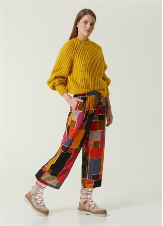 Beymen Club Kadın Yüksek Bel Geometrik Desenli Bol Paça Pantolon 40