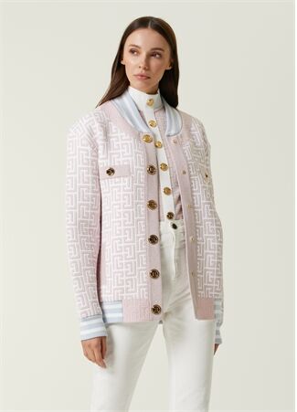 Balmain Kadın Pembe Beyaz Logo Jakarlı Ceket 38 FR