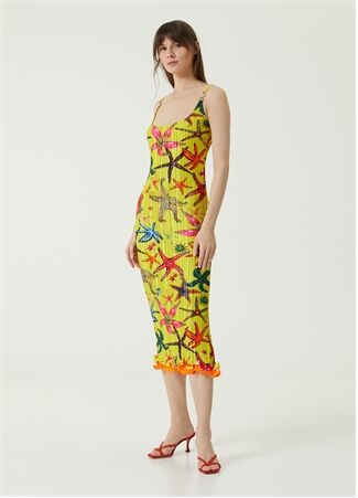 Versace Kadın Sarı Deniz Yıldızı Desenli Pilili Midi Elbise 42 IT