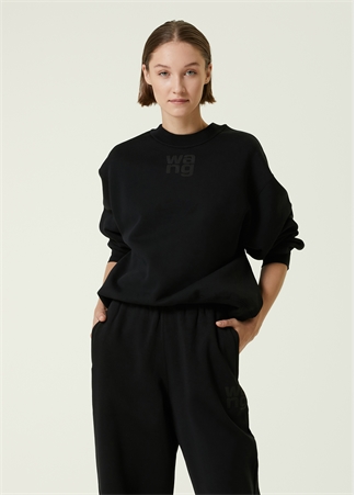 T by Alexander Wang Kadın Siyah Bisiklet Yaka Logolu Sweatshirt XS EU