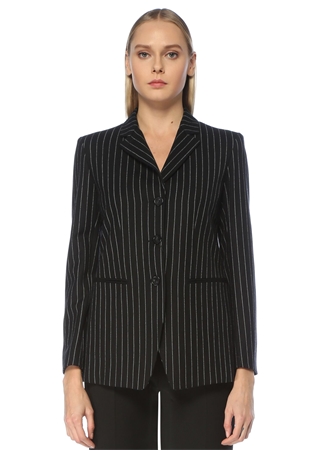 Emporio Armani Kadın Siyah Kelebek Yaka Çizgili Yün Ceket 42 IT