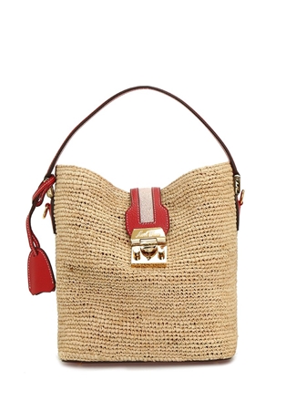 Mark Cross Kadın Bej Kırmızı Hasır Dokulu Deri Omuz Çantası EU
