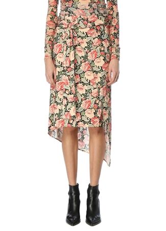 Paco Rabanne Kadın Çiçek Şal Desenli Asimetrik Midi Etek 38 IT