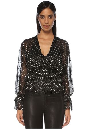 IRO Kadın Minda Siyah V Yaka Puantiyeli Abiye Tül Bluz 34 EU