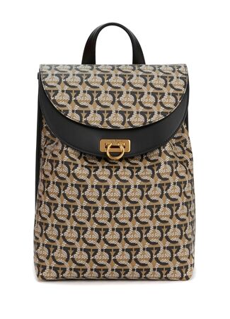 Salvatore Ferragamo Kadın Bej Siyah Logo Baskılı Sırt Çantası EU