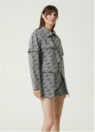 Bassigue Kadın Siyah Beyaz Desenli Kesim Detaylı Ceket S EU