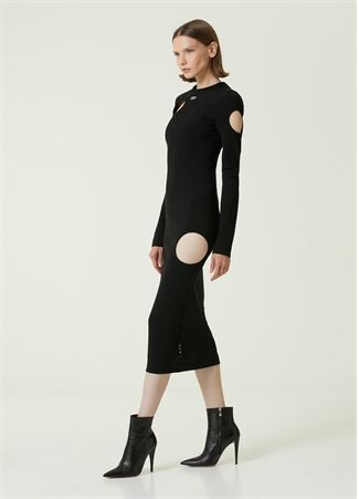 Off-White Kadın Siyah Kesim Detaylı Midi Elbise 38 IT