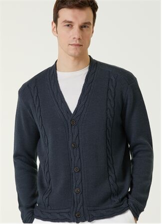 Palzileri Lab Erkek Lacivert V Yaka Saç Örgü Dokulu Yün Triko Hırka 50 IT