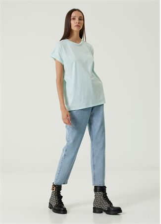 Balmain Kadın Mint Bisiklet Yaka Logolu T-shirt Yeşil S EU