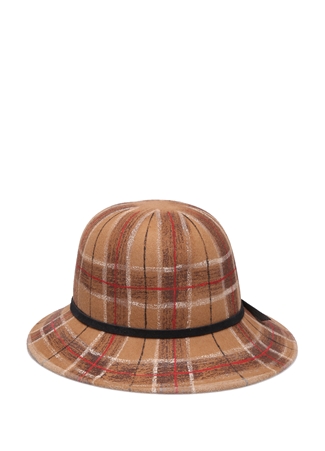Catarzi Kadın Kamel Ekose Desenli Yün Şapka Kahverengi 55 EU