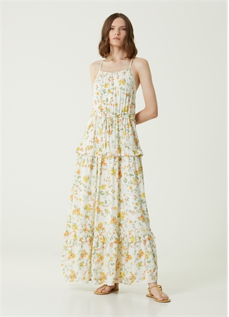 Lost+Wander Kadın Ekru Çiçekli Fırfırlı Maksi Elbise Bej L EU