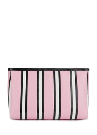 Balenciaga Kadın Pembe Siyah Logolu Çizgili Deri El Portföyü EU