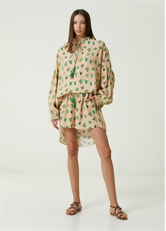 Elif Mısırlı Kadın Ekru Kaktüs Desenli Yakası Bağlamalı Mini Elbise Bej EU Elif Mısırlı Kadın Ekru Kaktüs Desenli Yakası Bağlamalı Mini Elbise Bej EU