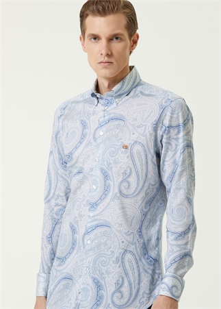 Etro Erkek Mavi Düğmeli Yaka Etnik Desenli Gömlek 38 IT