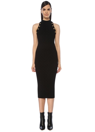 Balmain Kadın Siyah Halter Yaka Düğme Detaylı Midi Triko Elbise 42 FR