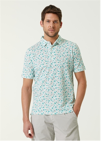 Isaia Erkek Beyaz Yeşil Polo Yaka Çiçek Desenli T-shirt M EU