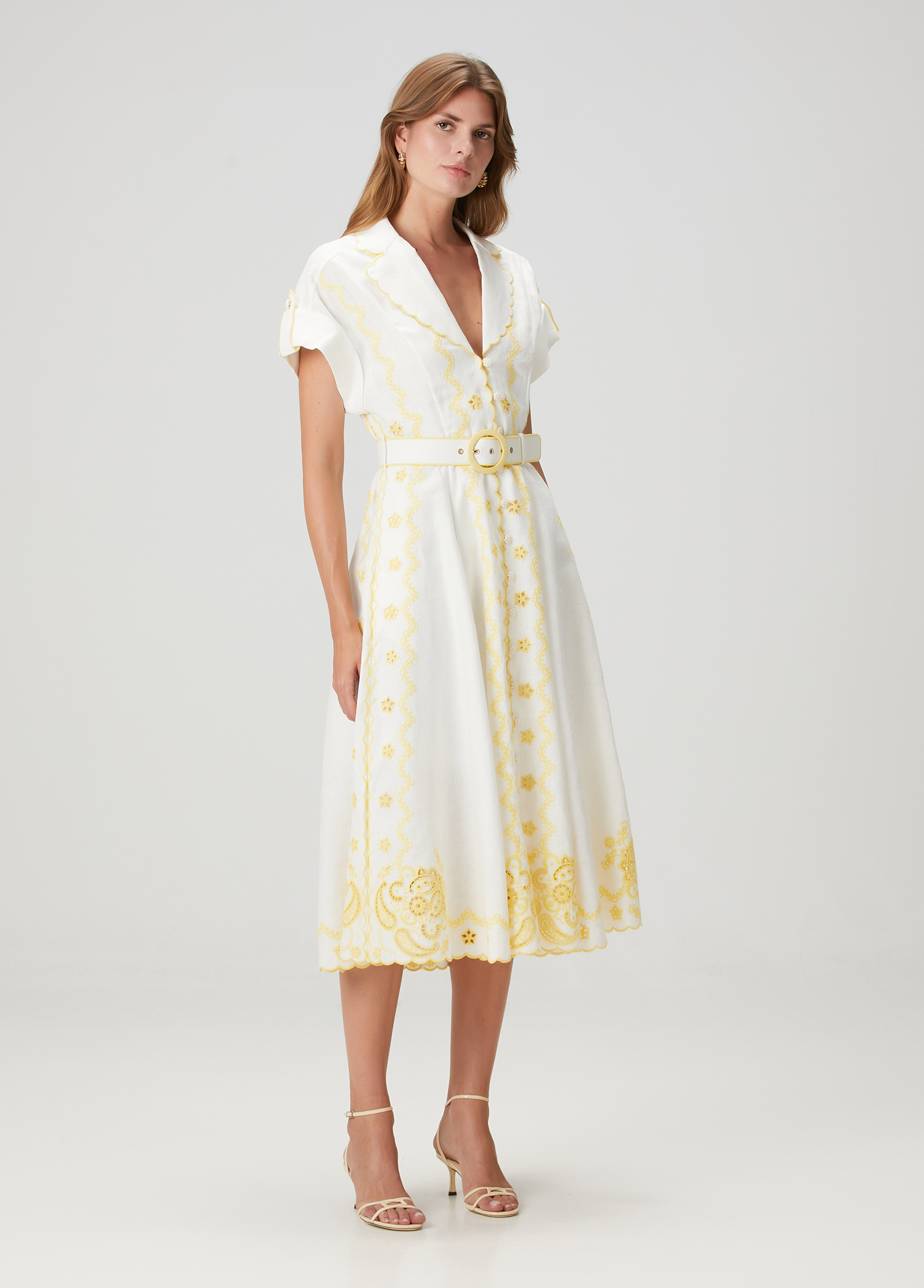 Zimmermann Beyaz-Sari Kadın Lucky Sarı Beyaz Nakışlı Midi Keten Elbise ...