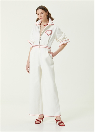 Gül Hürgel Kadın Beyaz Kalp Nakışlı Maksi Keten Tulum M EU